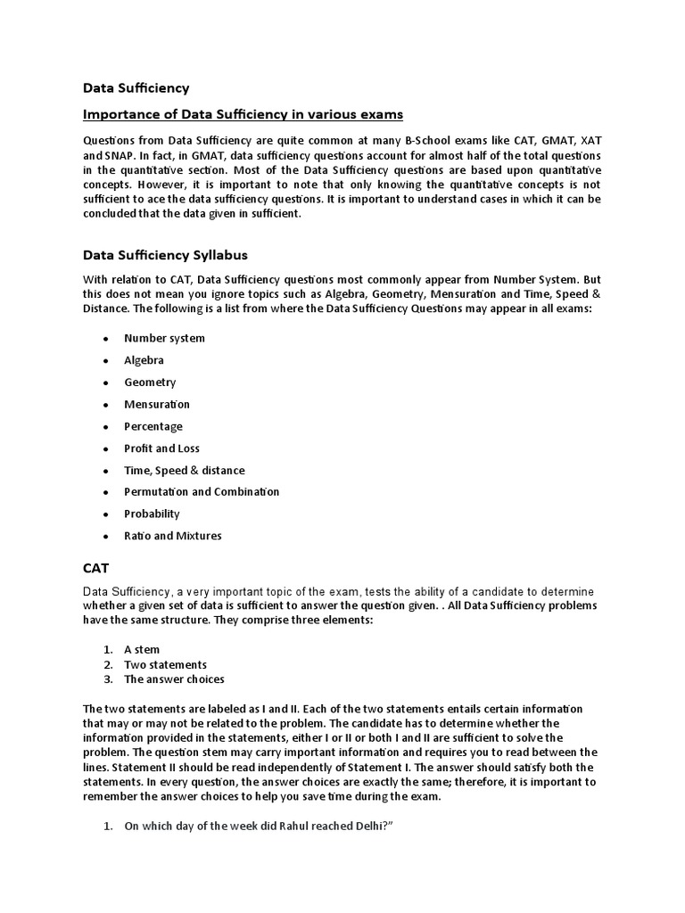 Data Sufficiency Importance of Data Sufficiency in Various Exams | PDF ...