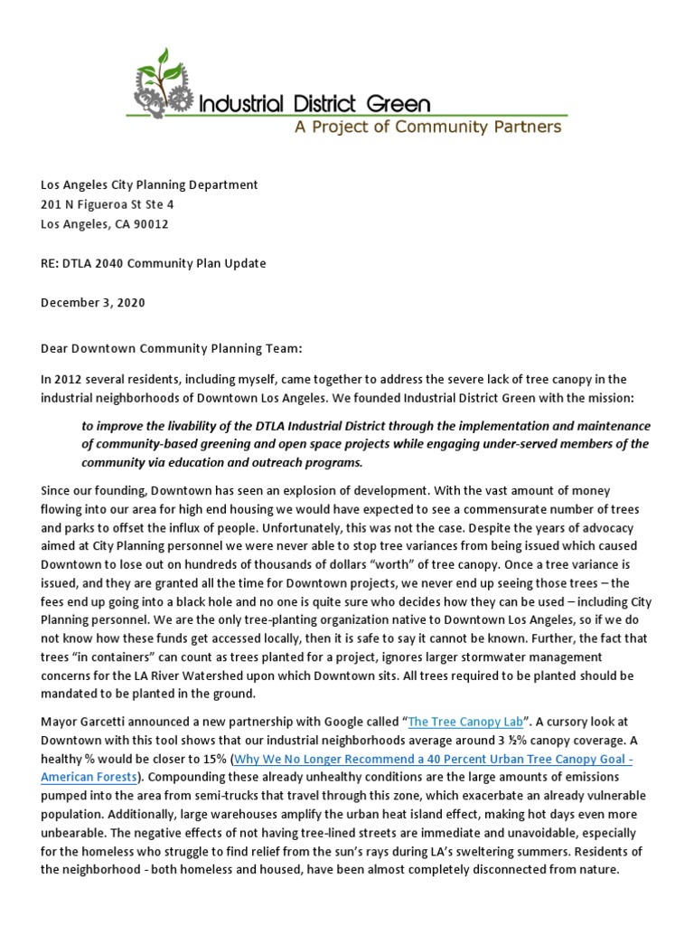 Letter For DTLA 2040 From IDG | PDF | Natural Environment | Nature