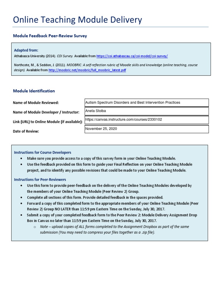 Online Teaching Module Delivery Peer Review Form For Aneta Stolba | PDF