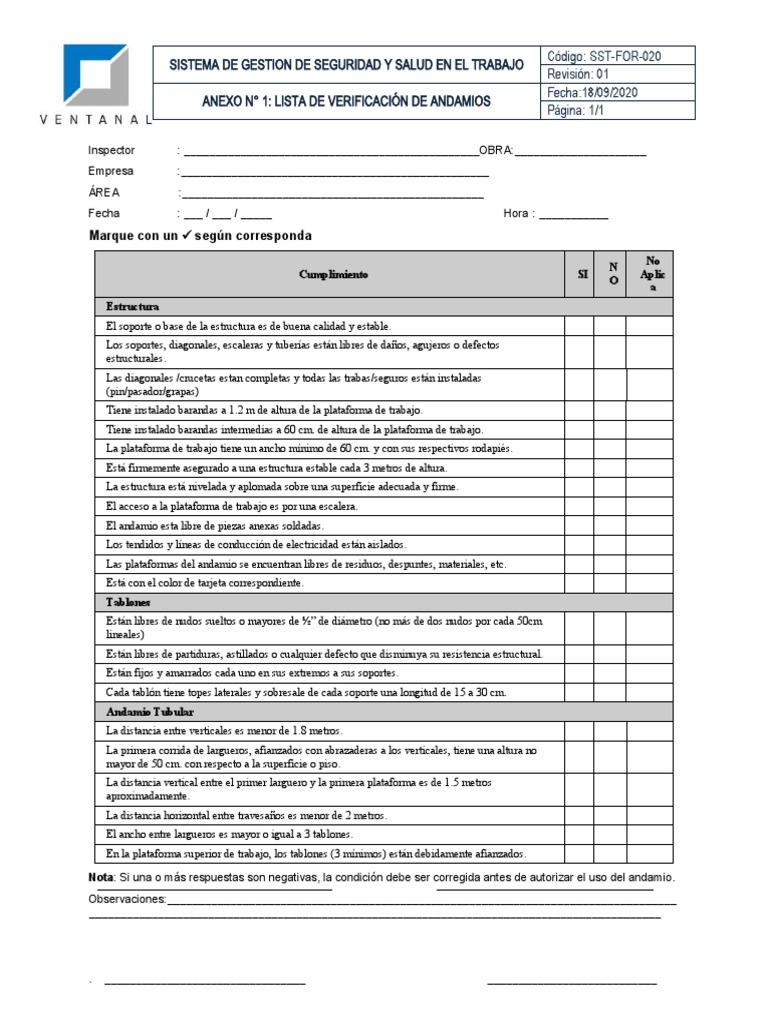 Check List para Andamios | PDF | Andamio | Naturaleza