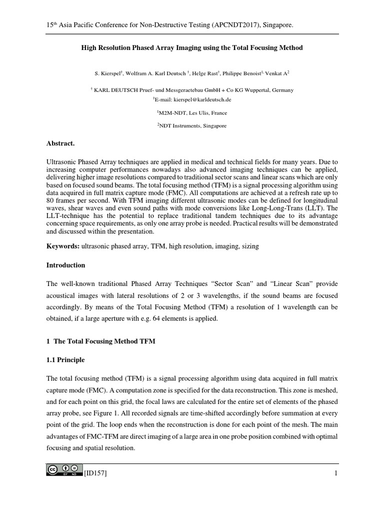 High Resolution Phased Array Imaging Using The Total Focusing Method (Kierspel Et Al - 2017 ...