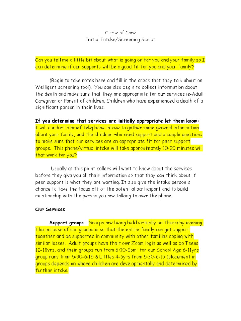 Initial Intake Screening Script 2020 | PDF | Mental Disorder | Grief