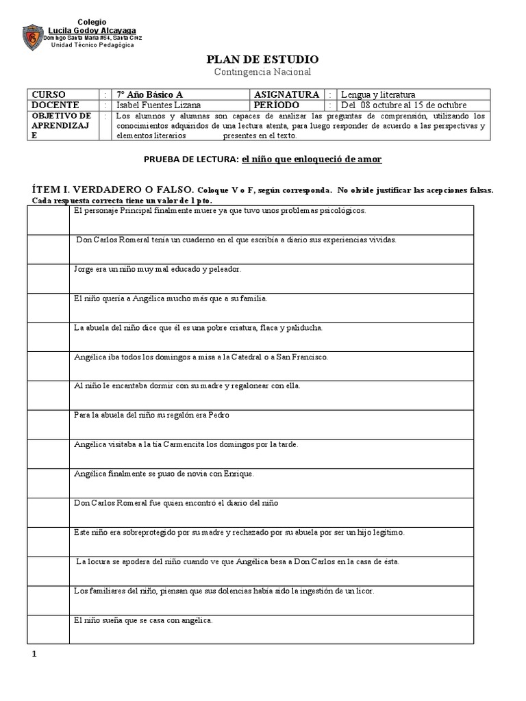 Prueba 7A El Niño Que Enloquecio de Amor | PDF