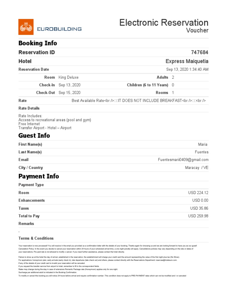 Electronic Reservation: Booking Info | PDF | Credit Card | Cheque