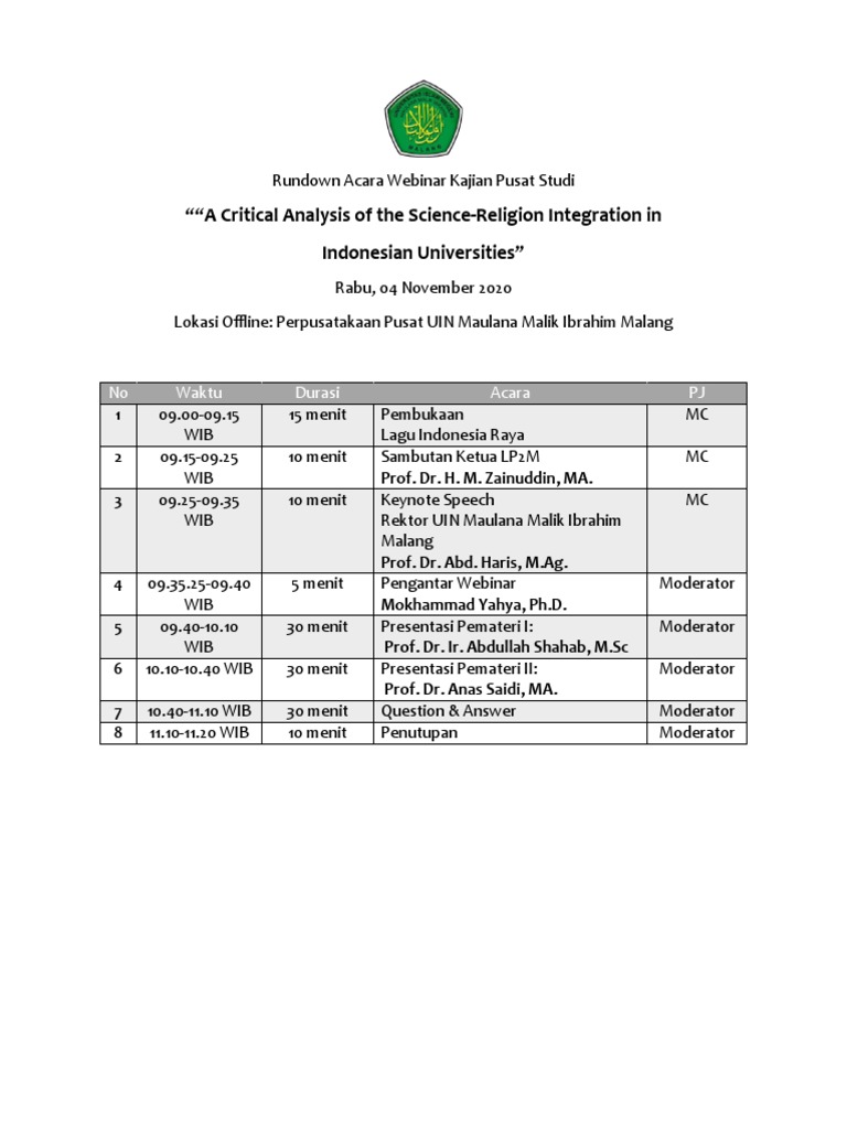 Rundown Acara Webinar Kajian Pusat Studi Integrasi | PDF