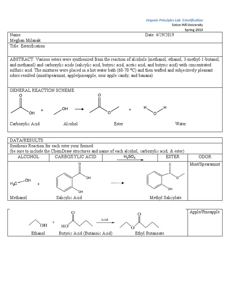 Organic Principles Lab-Esterification: Seton Hill University Spring ...