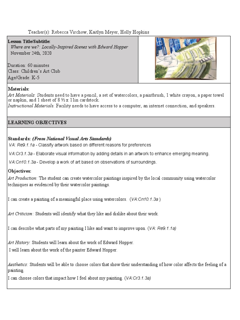 Childrens Art Club Edward Hopper Lesson Plan | PDF | Paintings | Art Media