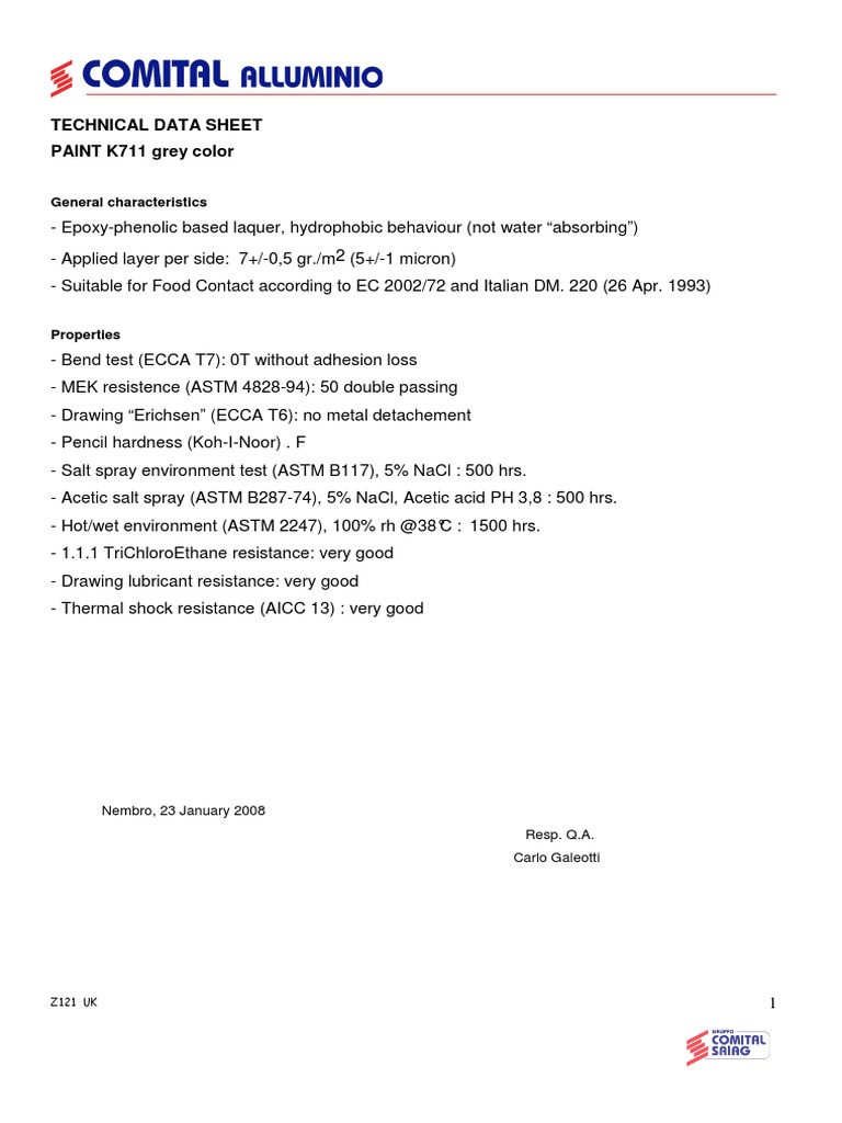 Technical Data Sheet PAINT K711 Grey Color: General Characteristics | PDF