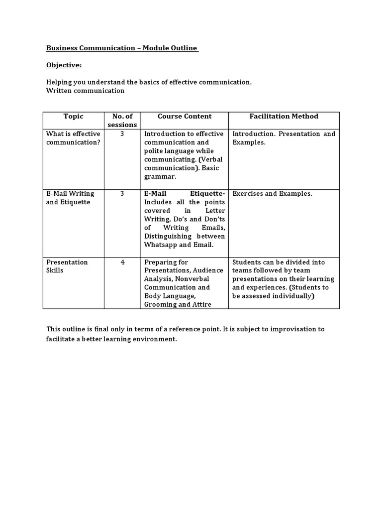 Business Communication - Module Outline Objective | PDF
