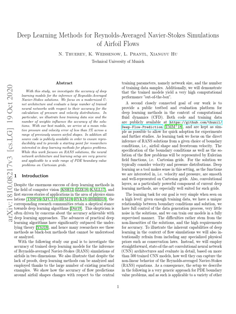 Deep Learning Methods For Reynolds-Averaged Navier-Stokes Simulations of Airfoil Flows | PDF ...