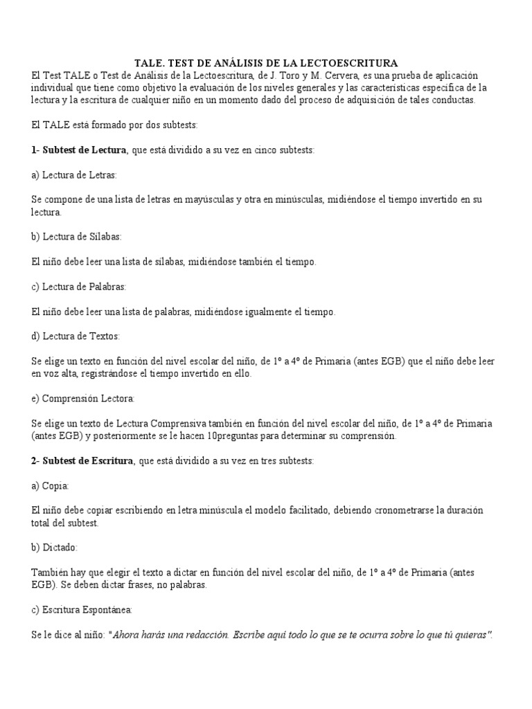 Test TALE: Análisis de Lectoescritura | PDF | Artes del Lenguaje y ...