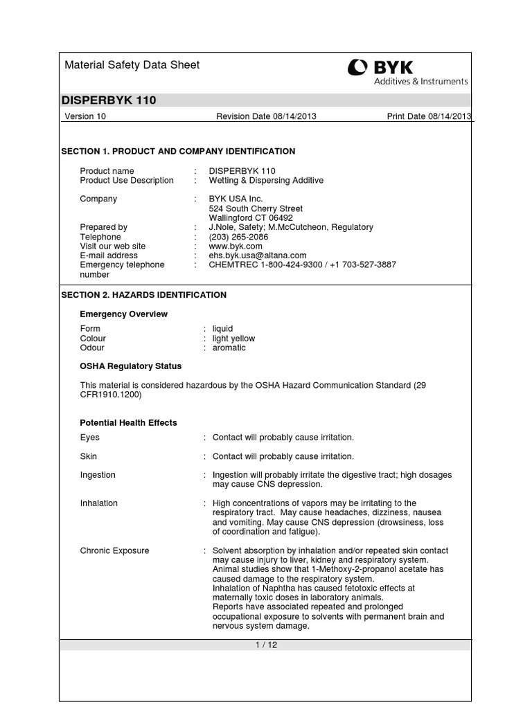 Byk '110 Msds | PDF | Firefighting | Dangerous Goods