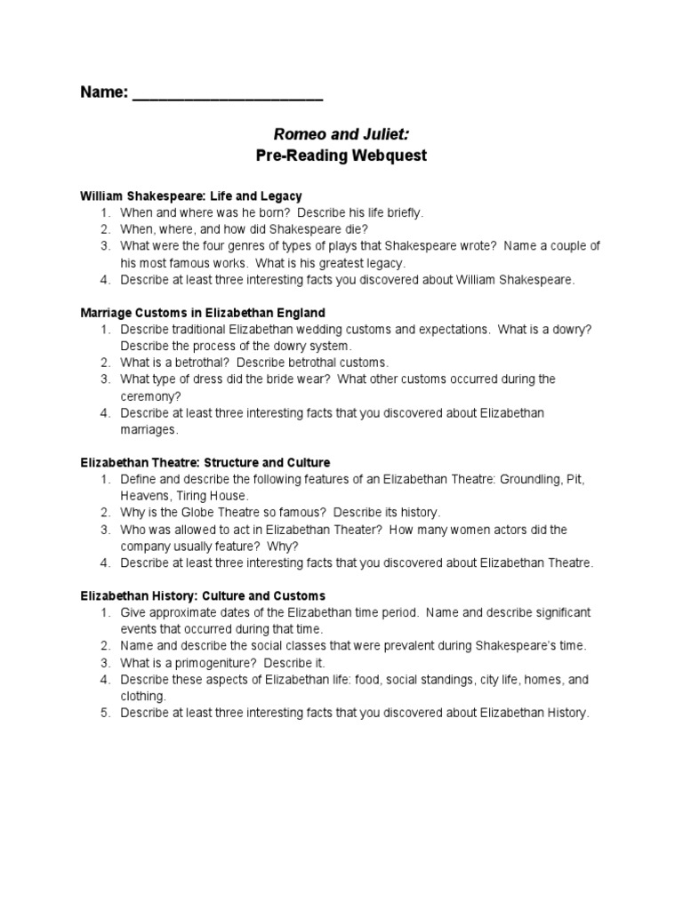 R&J - Pre-Reading Webquest | PDF | Characters In Romeo And Juliet ...