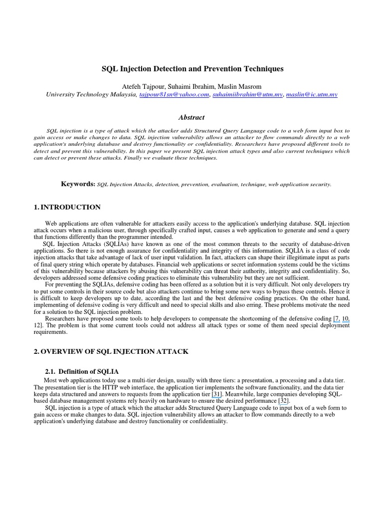 Sql Injection Detection And Prevention Techniques University