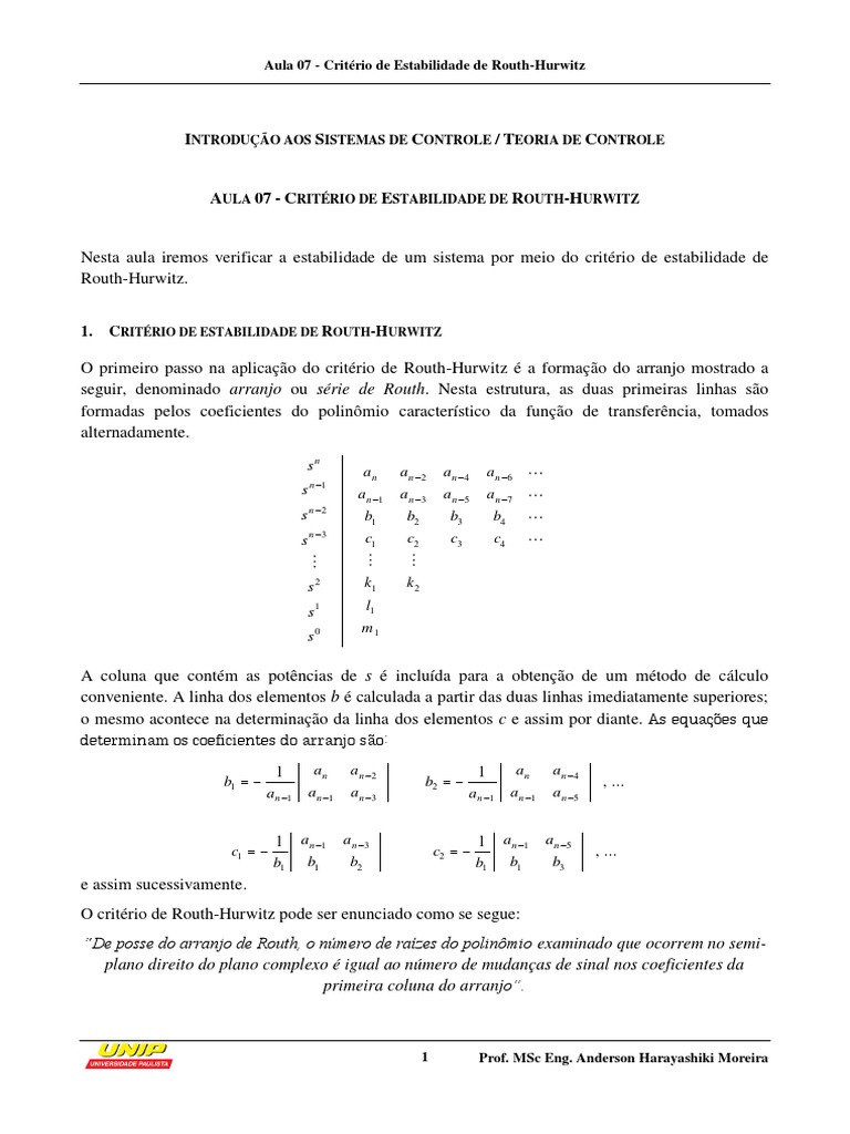 Aula 07 - Critério de Estabilidade de Routh-Hurwitz | PDF | Matemática ...