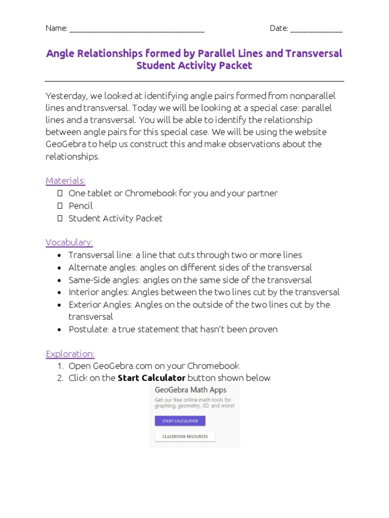 Parallel Lines Cut by A Transversal Activity | PDF | Elementary ...