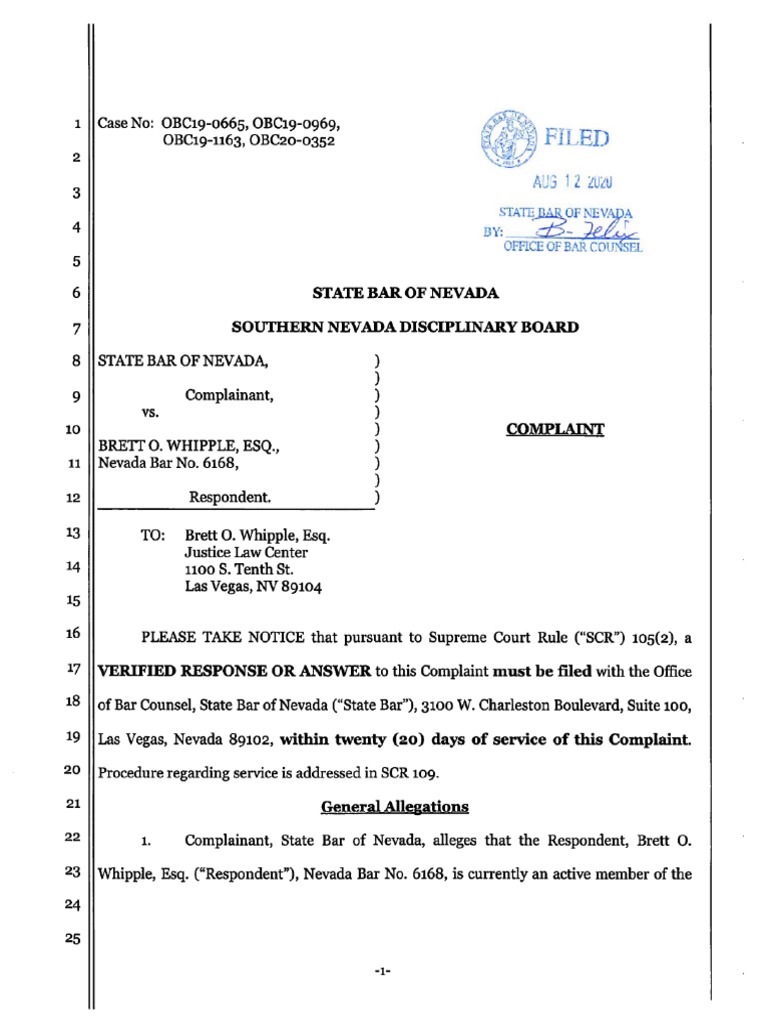 State Bar of Nevada Complaint Against Bret Whipple | PDF