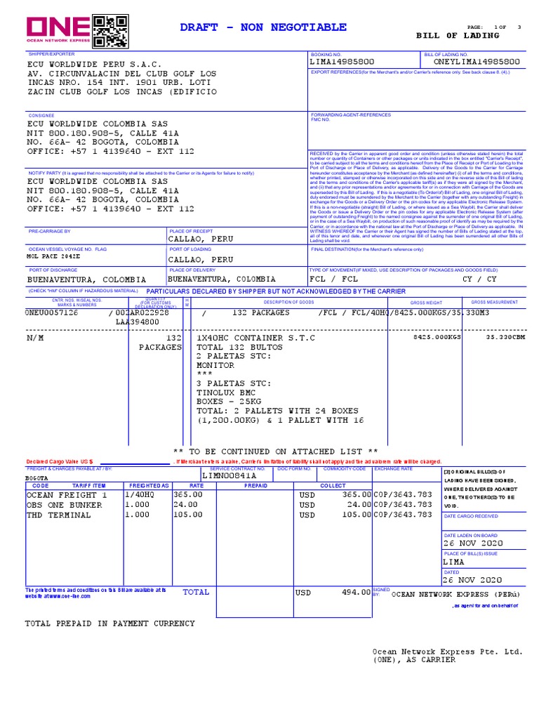 Ejemplo de MBL One | PDF | Bill Of Lading | Cargo