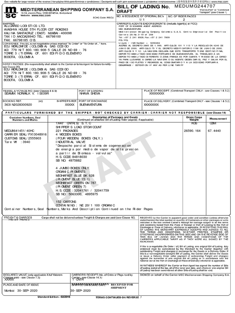 Ejemplo MBL MSC | PDF | Servicio de envío | Transporte