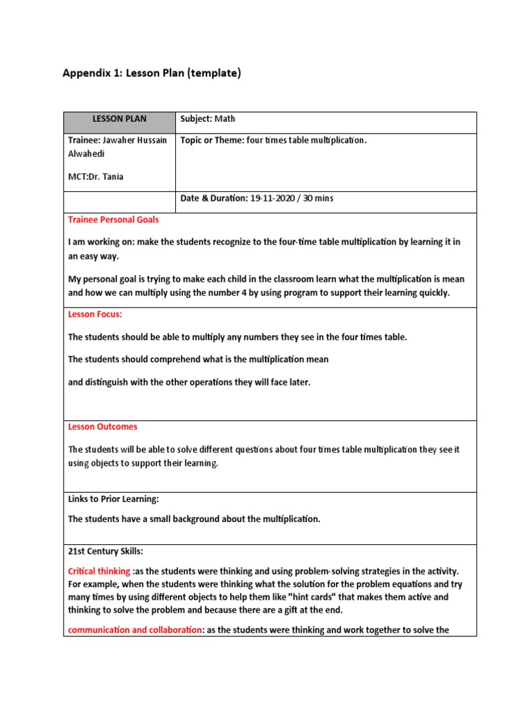 Appendix 1: Lesson Plan (Template) : Alwahedi MCT:Dr. Tania | PDF ...