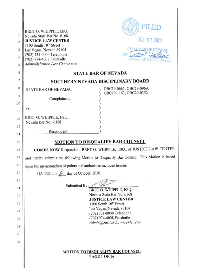 Attorney Bret Whipple Forces Disqualification of Bar Counsel. | PDF
