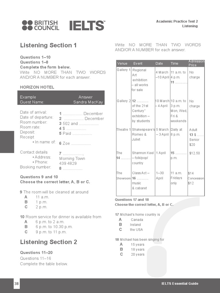 Listening Section 1: Example Answer Guest Name: Sandra Mackay | PDF ...