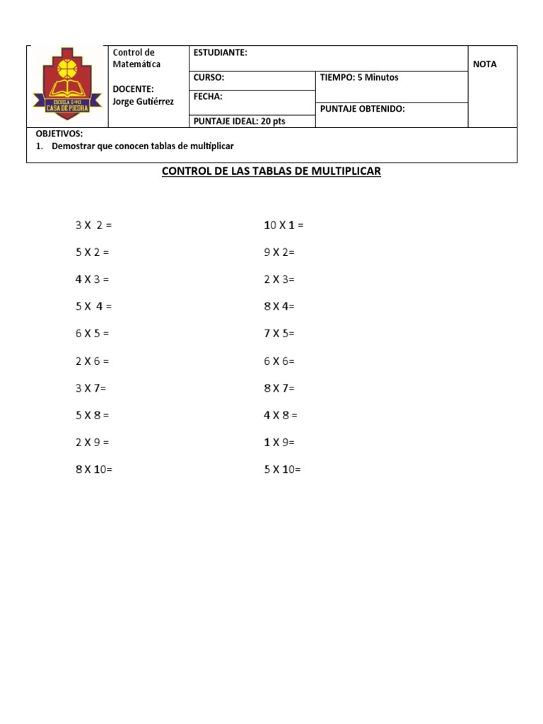 CONTROL DE LAS TABLAS DE MULTIPLICAR Saltadas 4° | PDF
