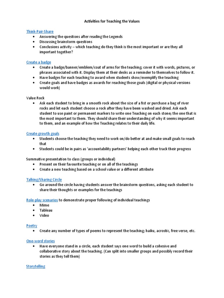 Activities For Teaching The Values | PDF | Brainstorming | Poetry