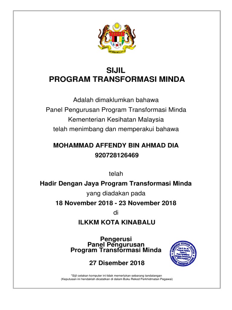 Sijil Program Transformasi Minda | PDF