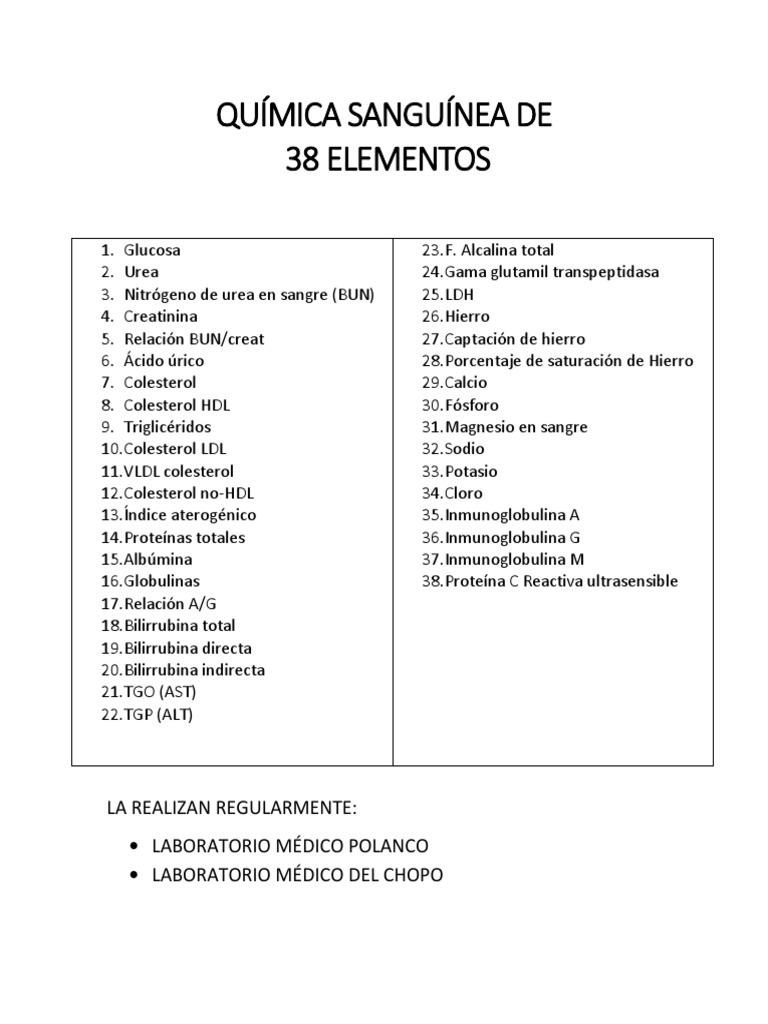 Listado Elementos Quimica Sanguinea | PDF