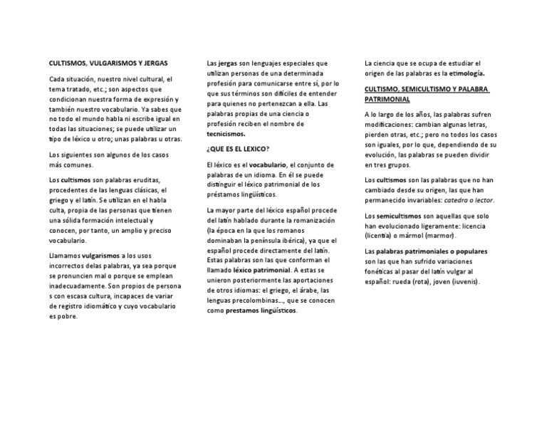 Cultismos, Vulgarismos y Jergas | PDF | latín | Léxico