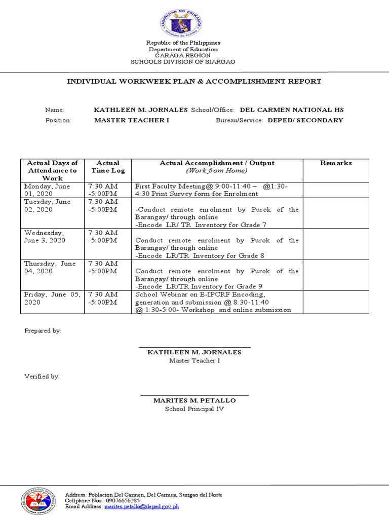 Individual Workweek Plan & Accomplishment Report | PDF | Behavior Modification | Learning