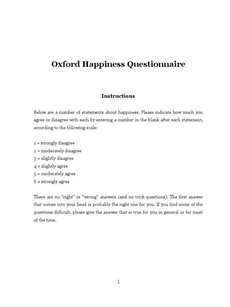 Oxford Happiness Questionnaire Guide | PDF | Career & Growth | Self ...