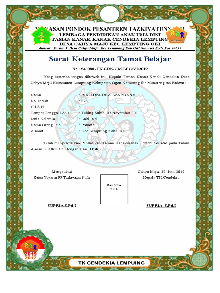 Ijazah TK Cendekia | PDF
