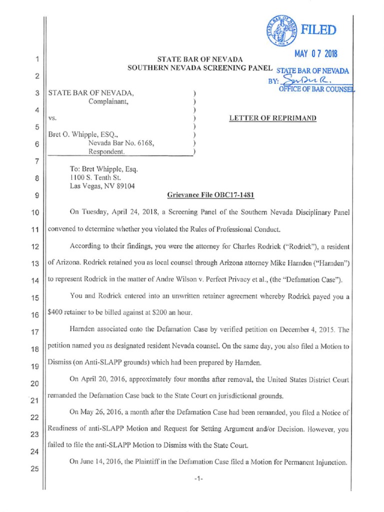 Whipple Bar Reprimand in 2018 | PDF | Injunction | United States Law