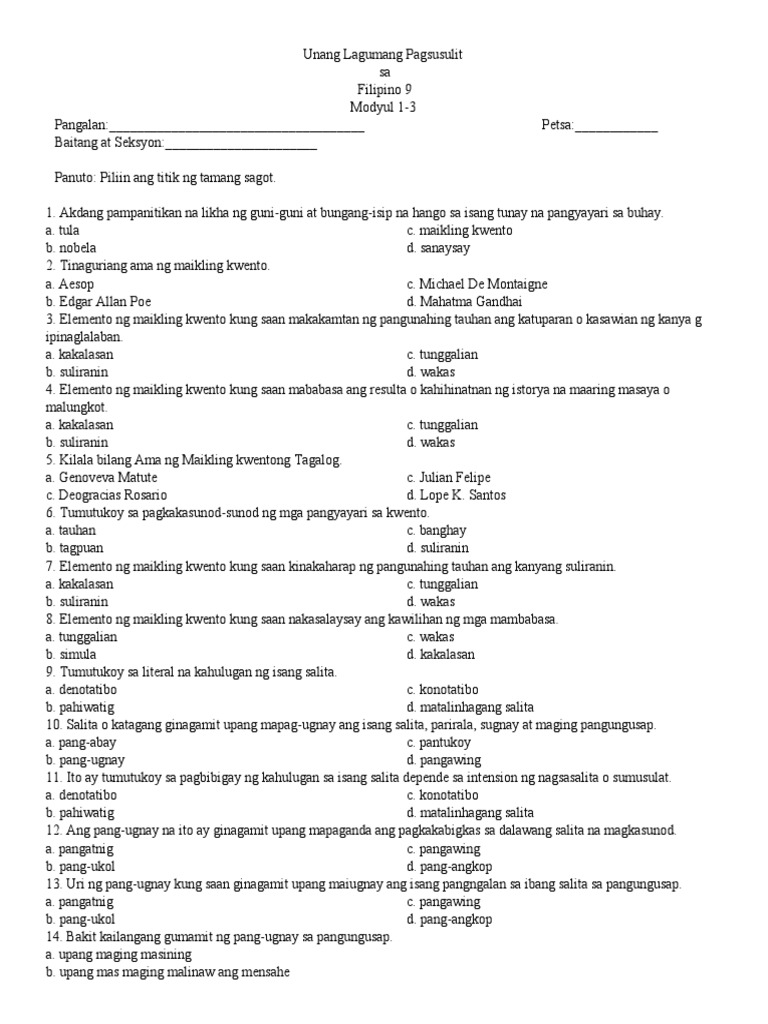 First Summative Test Filipino 9 With Answer Key | PDF