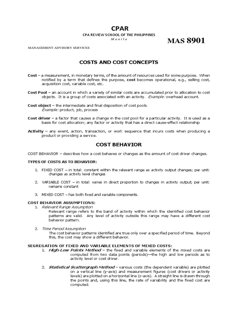 Cpar MAS: Costs and Cost Concepts | Download Free PDF | Regression ...