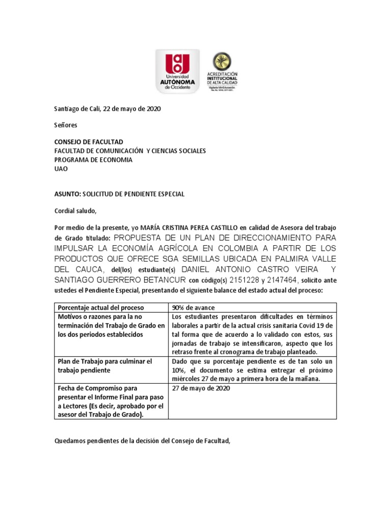 Carta Solicitud Pendiente Especial RR | PDF