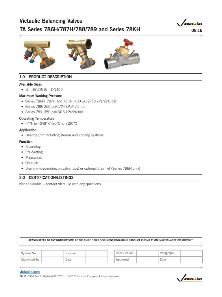 Victaulic Balancing Valves TA Series 786H/787H/788/789 and Series 78KH ...