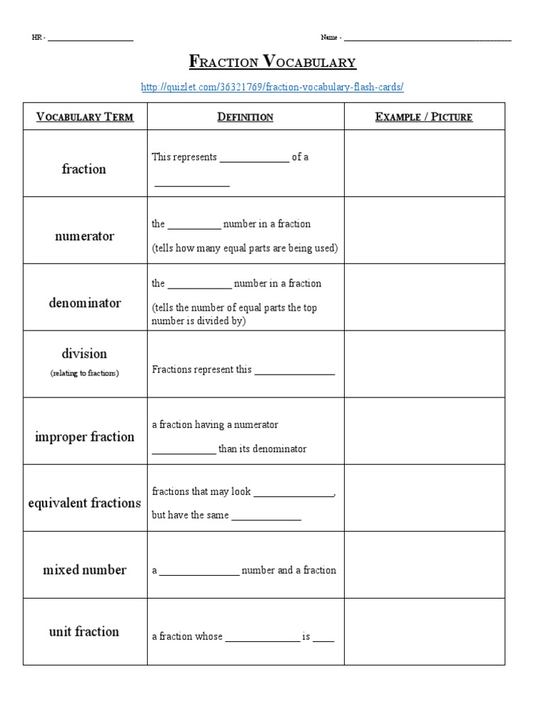 Fraction Vocabulary Definitions Guide | PDF | Fraction (Mathematics ...