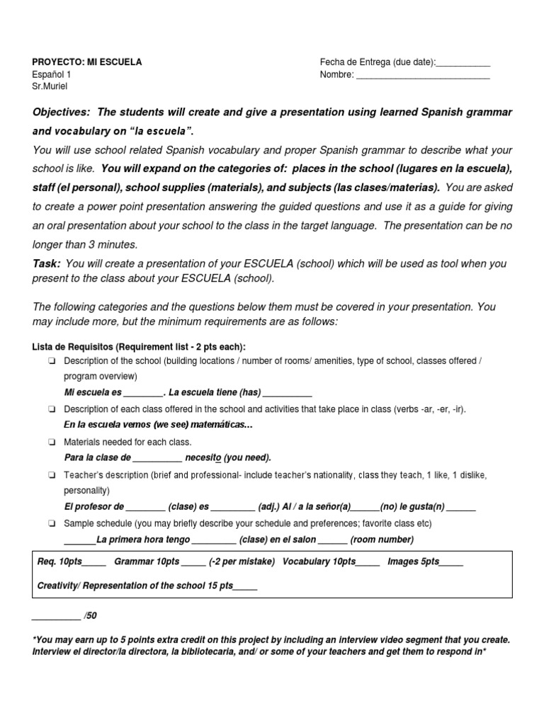 PROYECTO MI ESCUELA Spanish 1 | PDF | Communication | Cognition