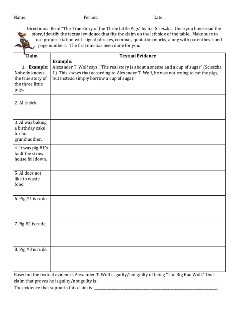 The True Story of The Three Little Pigs Textual Evidence Worksheet PDF ...