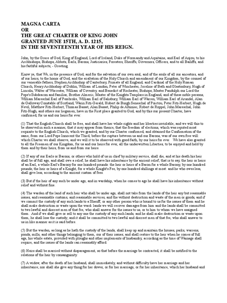 Magna Carta OR The Great Charter of King John GRANTED JUNE 15TH, A. D ...