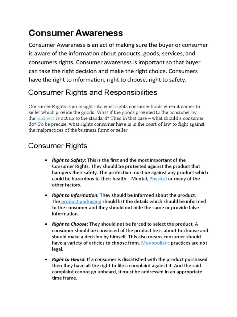 Consumer Awareness: Consumer Rights and Responsibilities | PDF ...