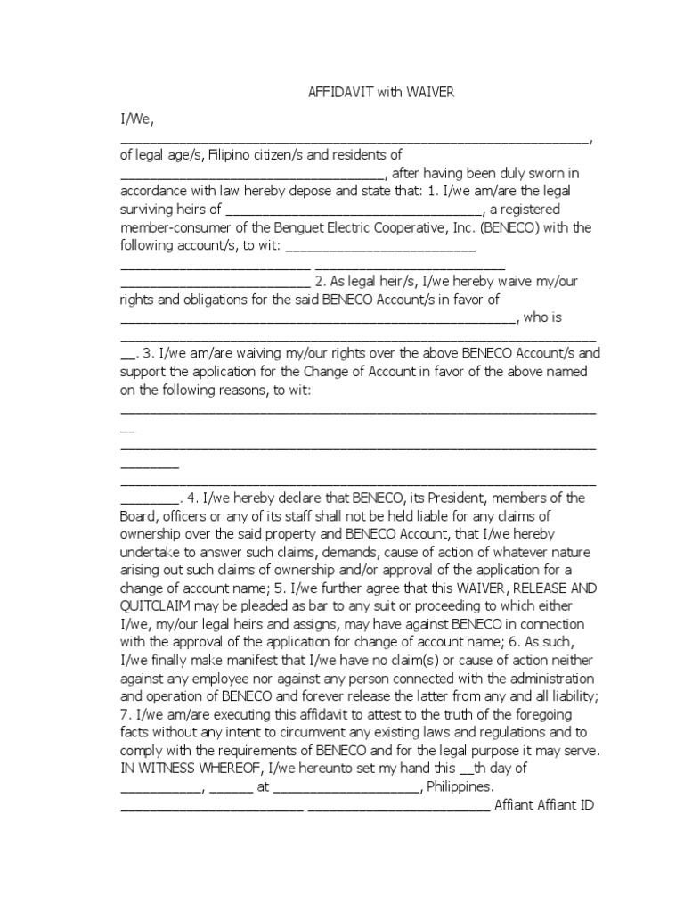 Affidavit With Waiver (Inheritance) | PDF | Affidavit | Inheritance