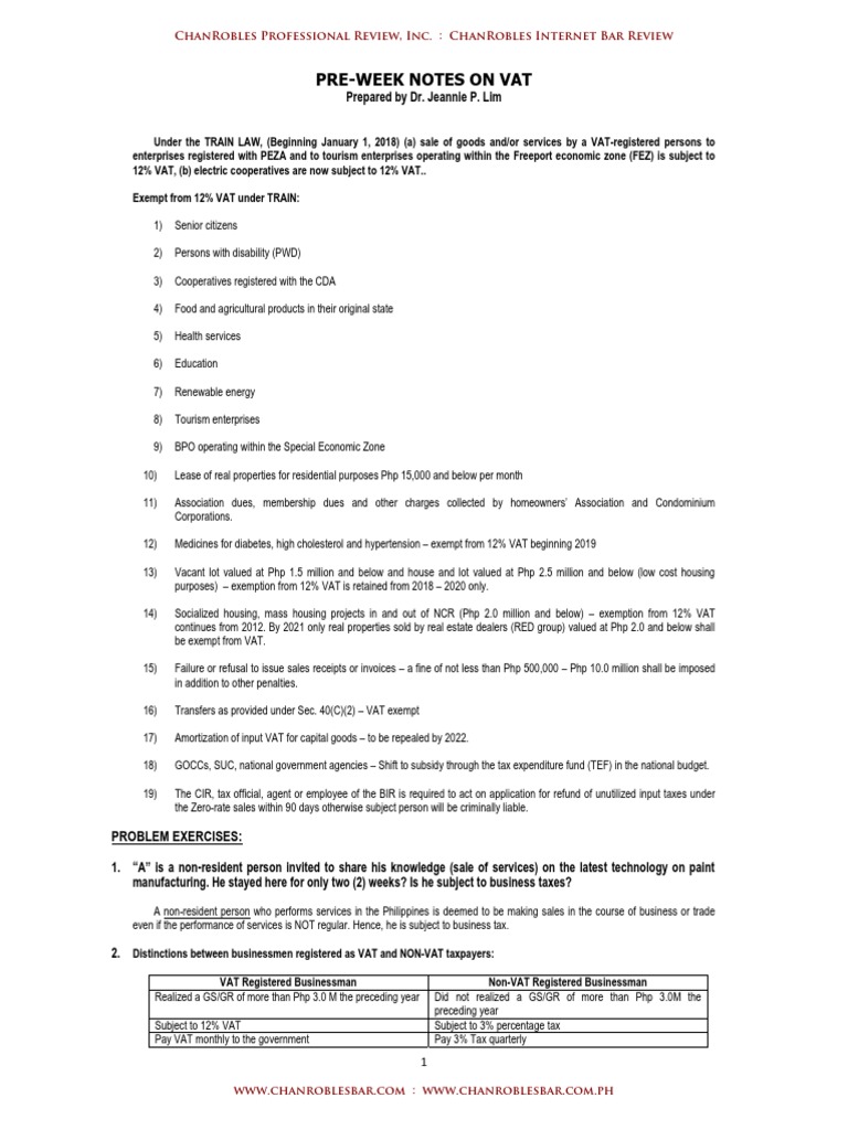 Pre-Week Notes On Vat: Prepared by Dr. Jeannie P. Lim | PDF | Value ...