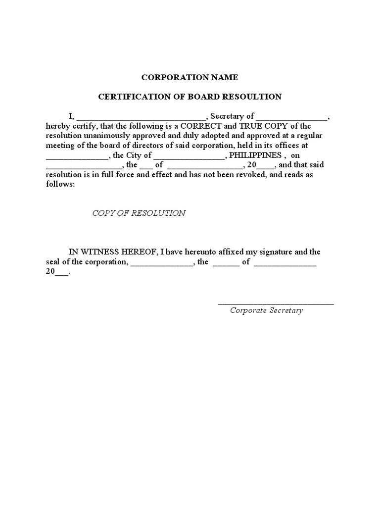 Certification of Board Resolution by Corporate Secretary | PDF