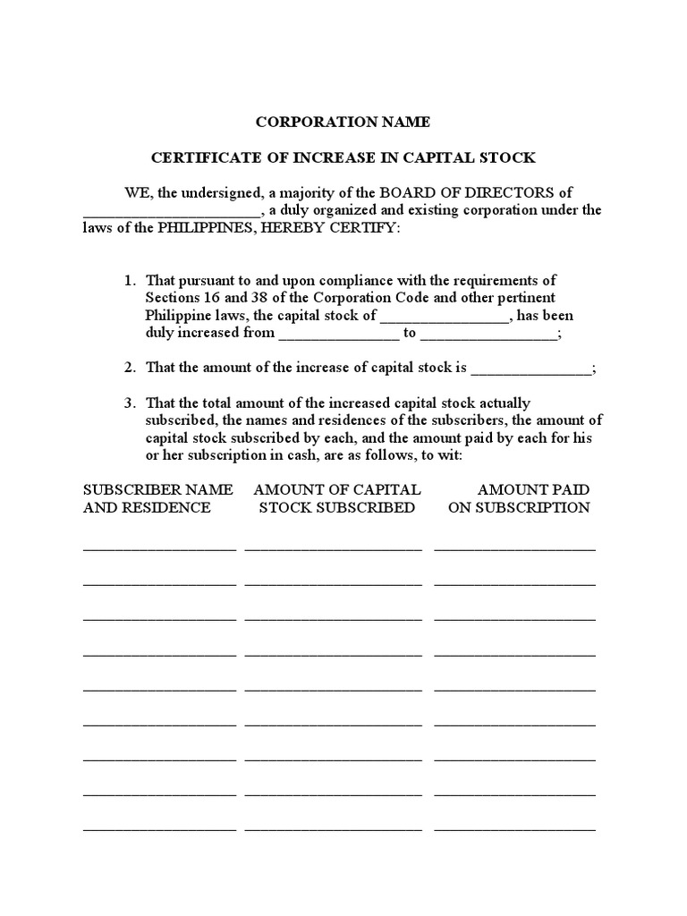 Certification of Increase in Capital Stock | PDF | Corporations ...