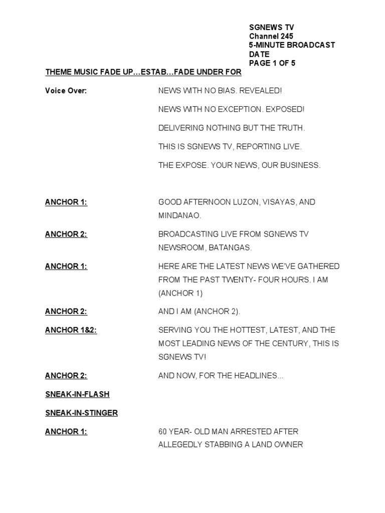 Sgnews TV Channel 245 5-Minute Broadcast Date Page 1 of 5 Theme Music ...