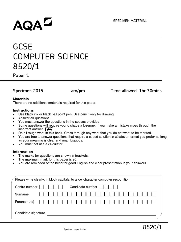Gcse Computer Science 8520 1 Paper 1 Pdf Subroutine Array Data Structure